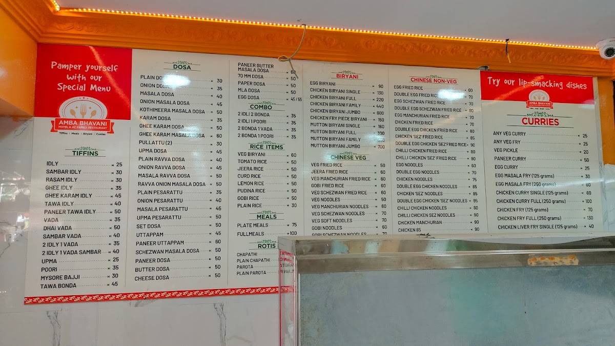 Menu at Ambha Bhavani Hotel - Temple bus stop, Hyderabad