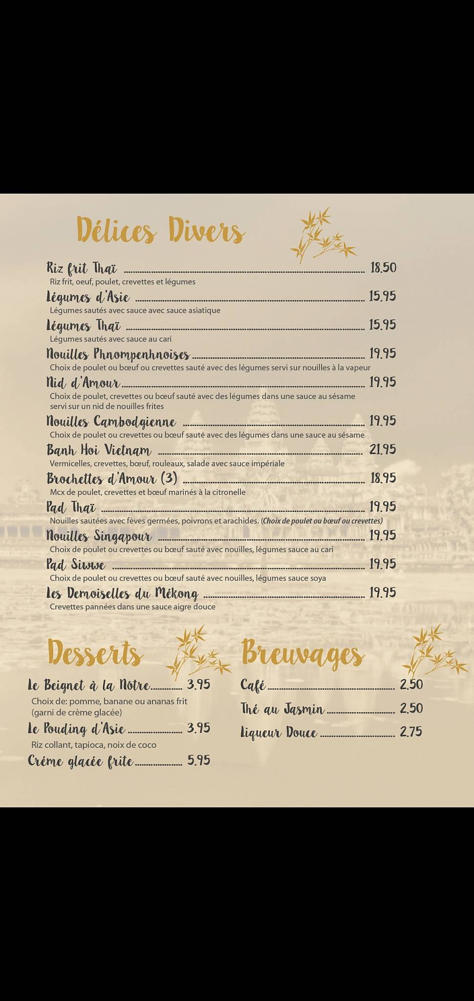Menu au Ambiances d’Angkor restaurant, Canada