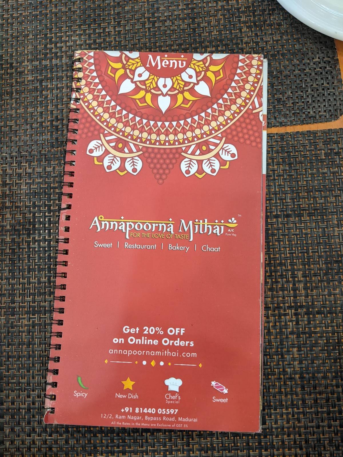 Menu at Annapoorna Mithai, Madurai, 12/2