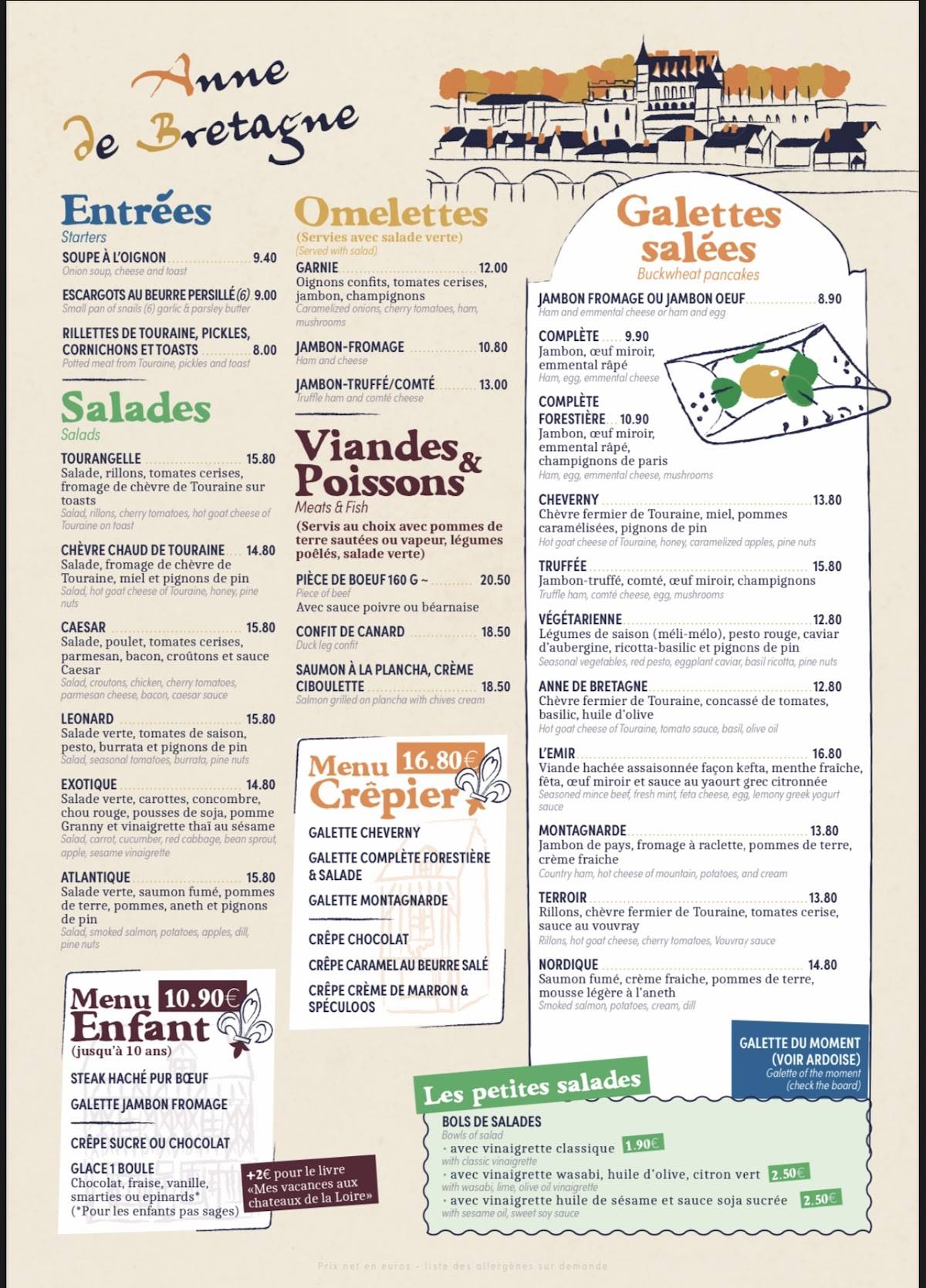 Menu au ANNE DE BRETAGNE restaurant, Amboise