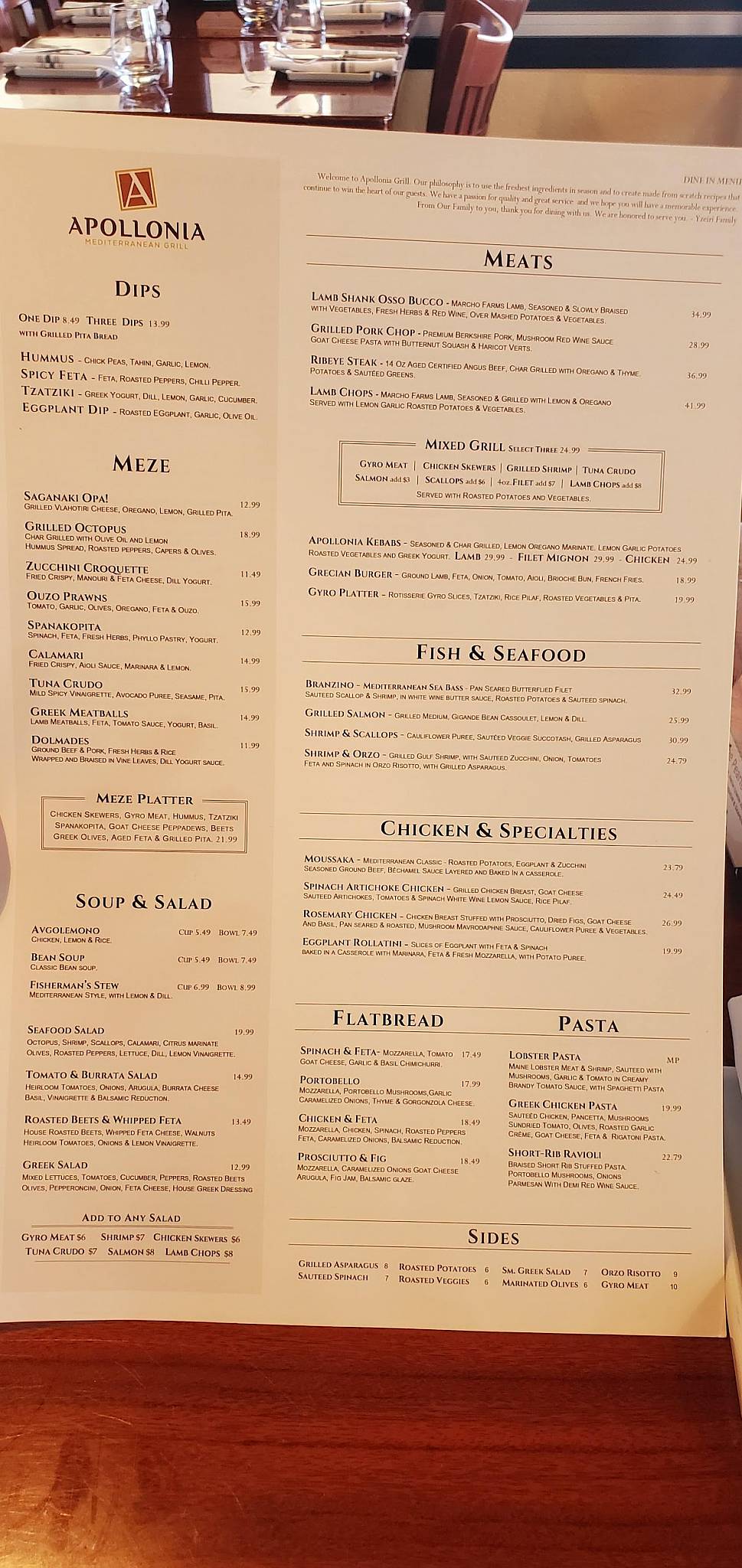 Menu at Apollonia Grill restaurant, Sarasota, Cooper Creek Blvd