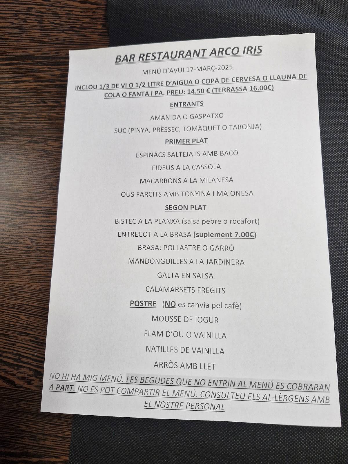 Carta de Restaurant Arco Iris, Canovellas
