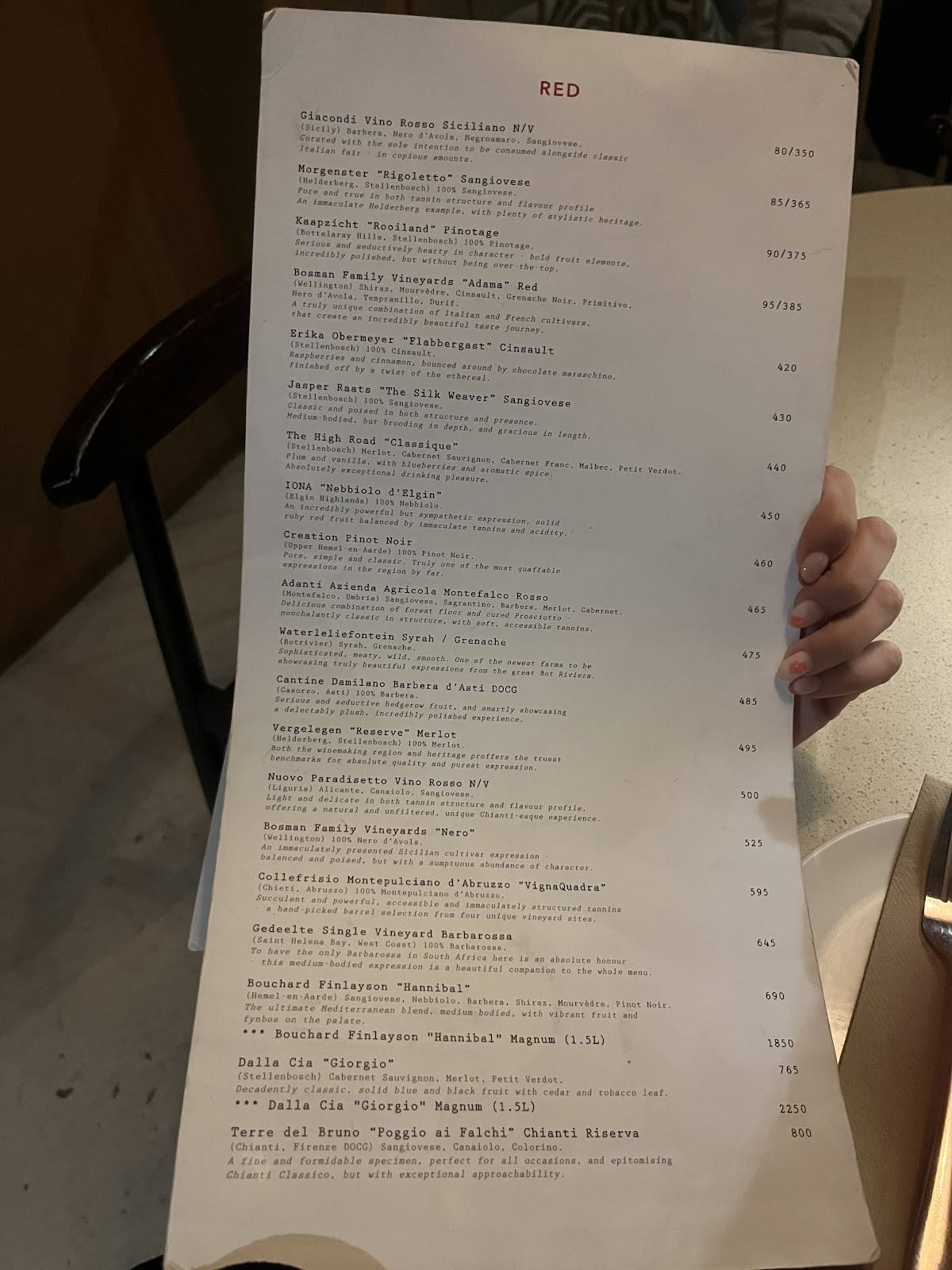 Menu at Ariel Modern Italian restaurant, Cape Town
