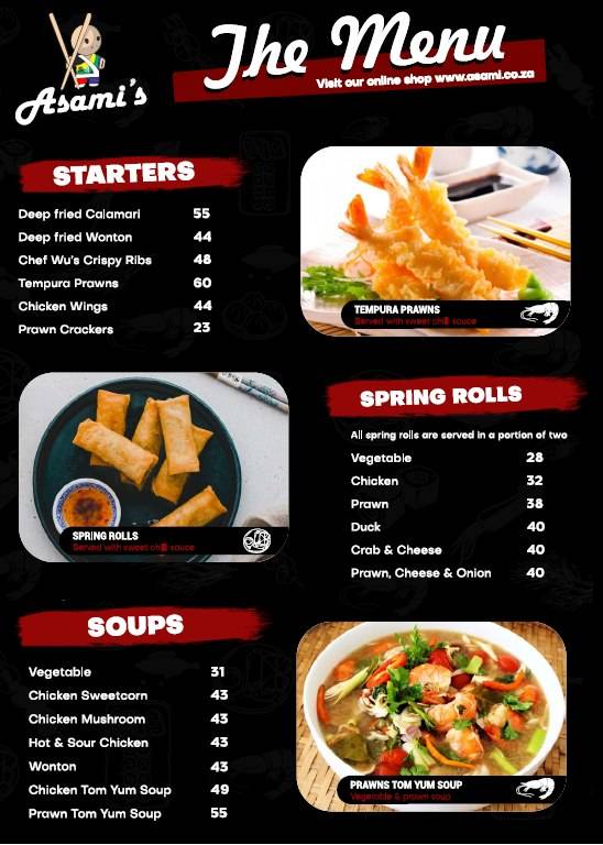 Menu at Asami's Tygervalley restaurant, Cape Town, Tyger Valley