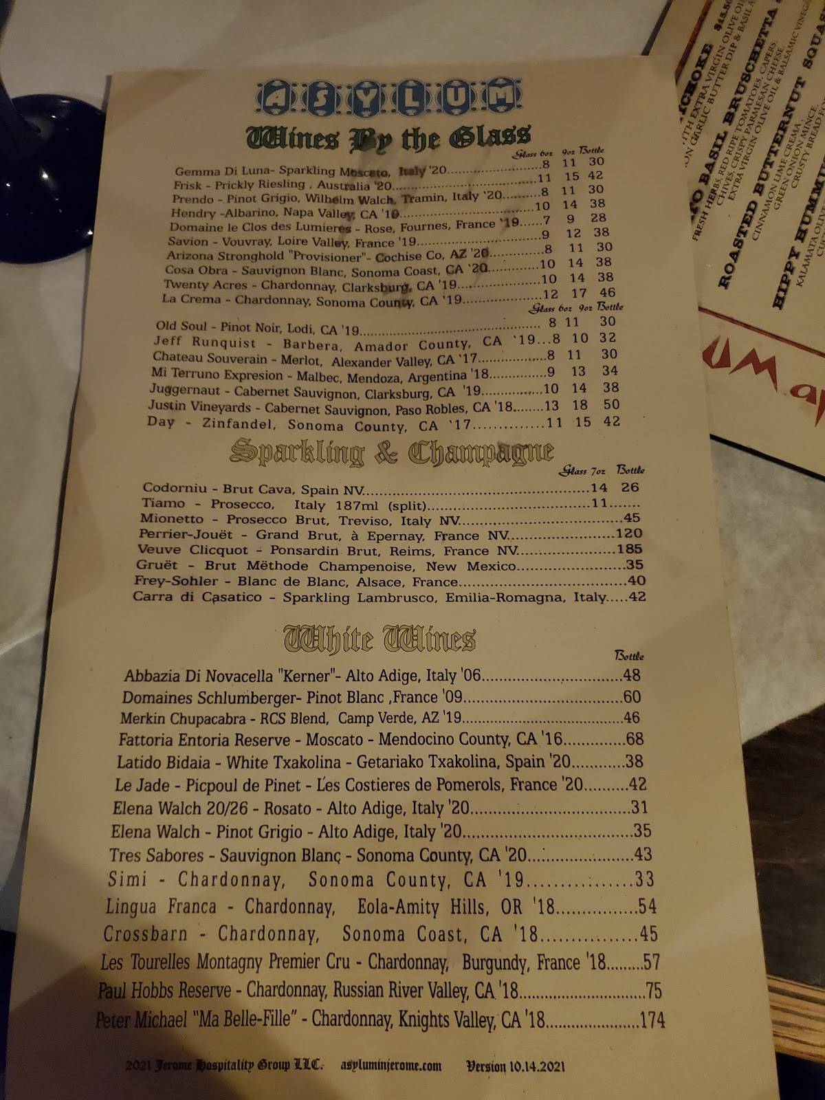 Menu at Asylum Restaurant, Jerome