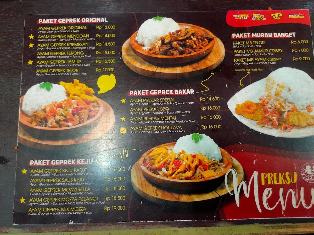 Menu at Ayam Geprek & Susu (PREKSU) restaurant, Malang