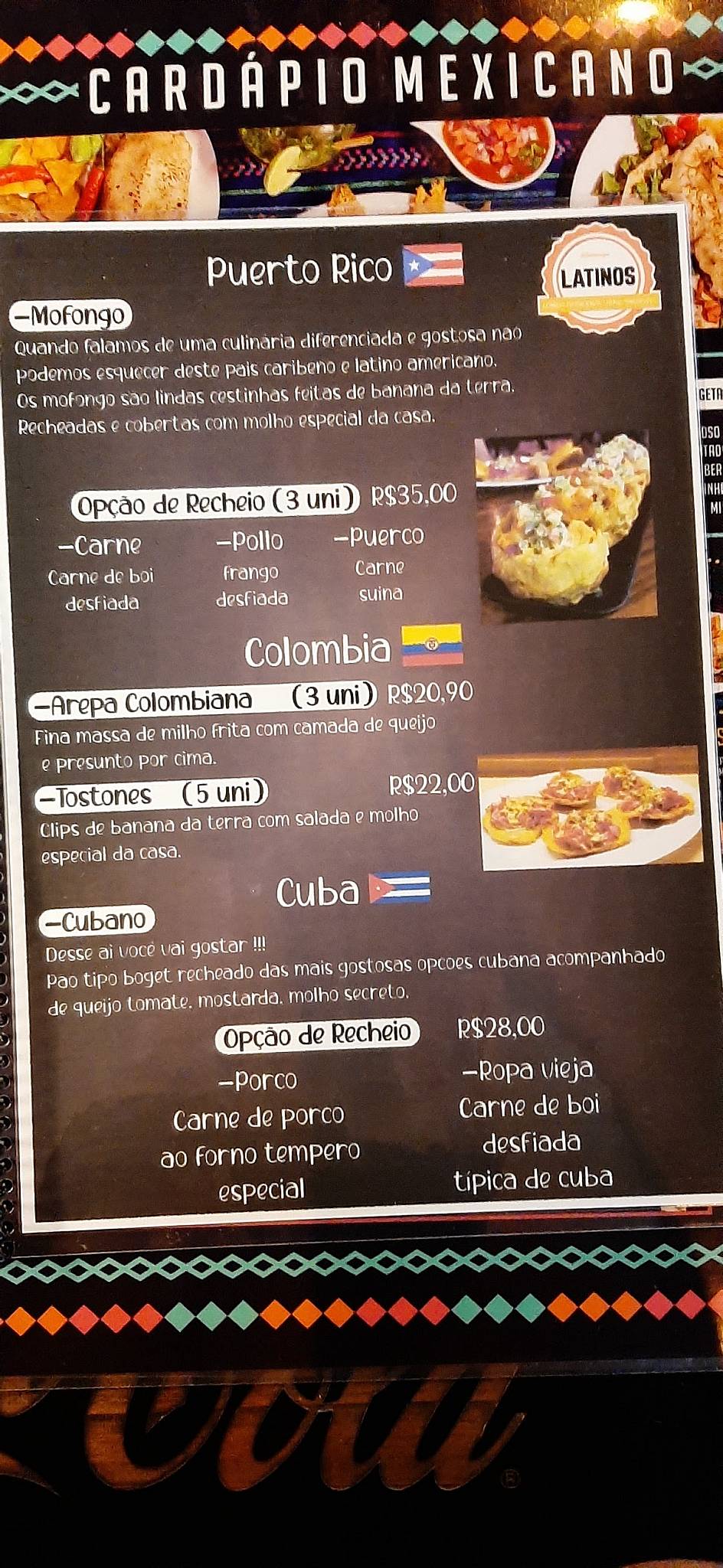 Menu at Aztecas Tex Mex restaurant, Recife