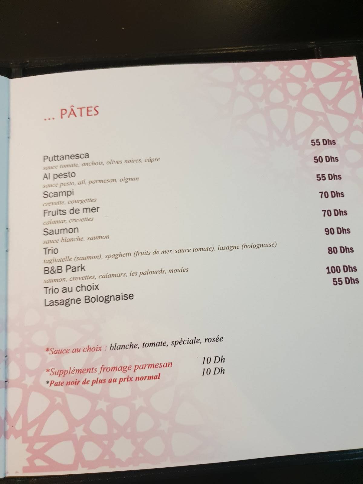 Menu at B&B PARK restaurant, Kenitra