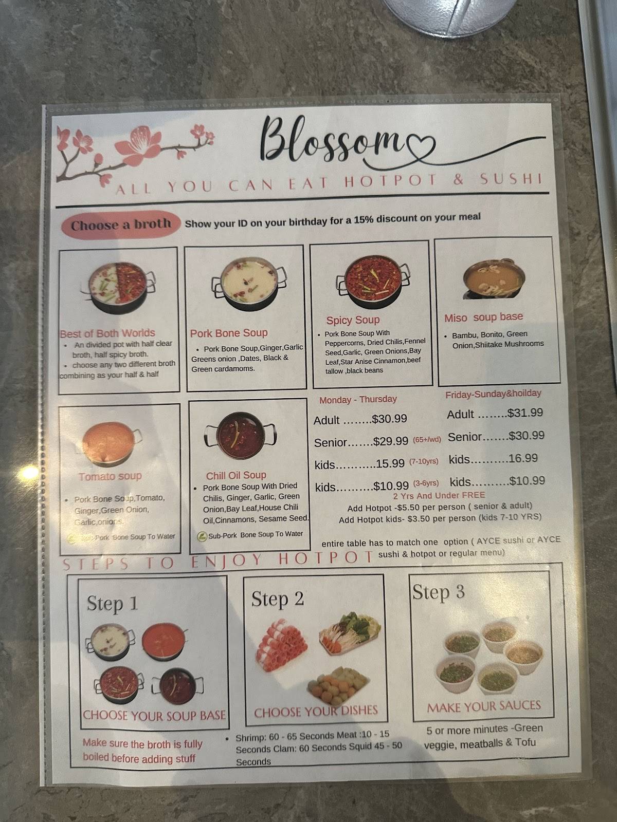 Menu at BLOSSOM HOTPOT AYCE restaurant, Lethbridge
