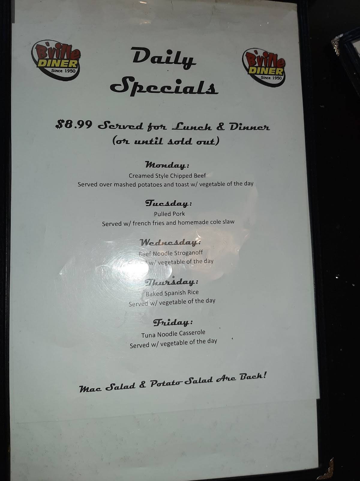 Menu at B'Ville Diner restaurant, Baldwinsville