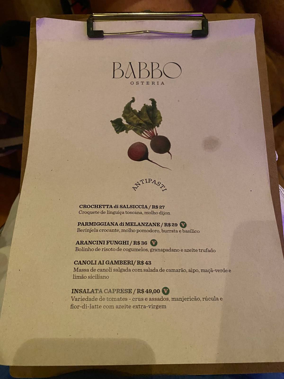 Menu em Babbo Osteria restaurante, Rio de Janeiro