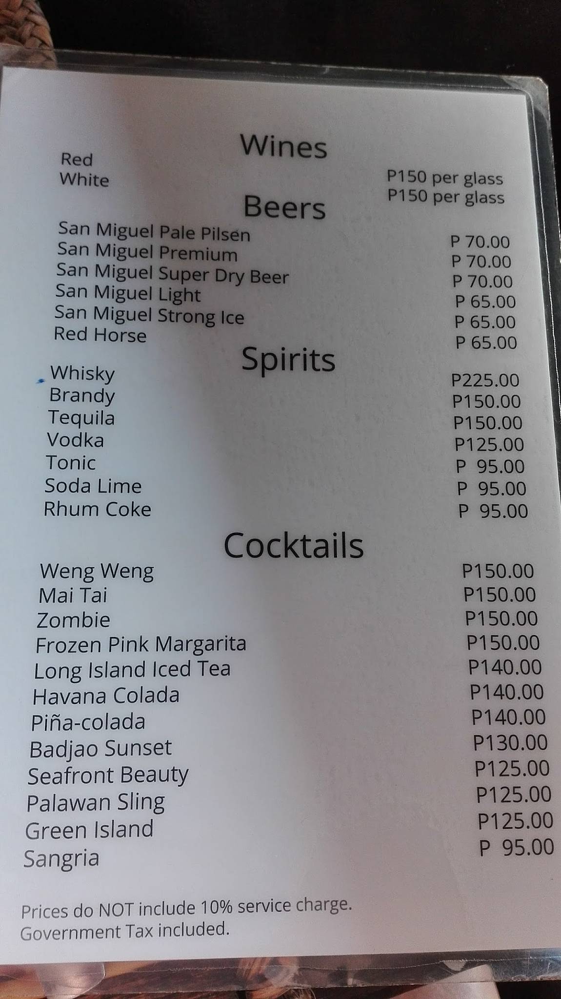 Menu at Badjao Seafront Restaurant, Puerto Princesa, PPHX+4V5