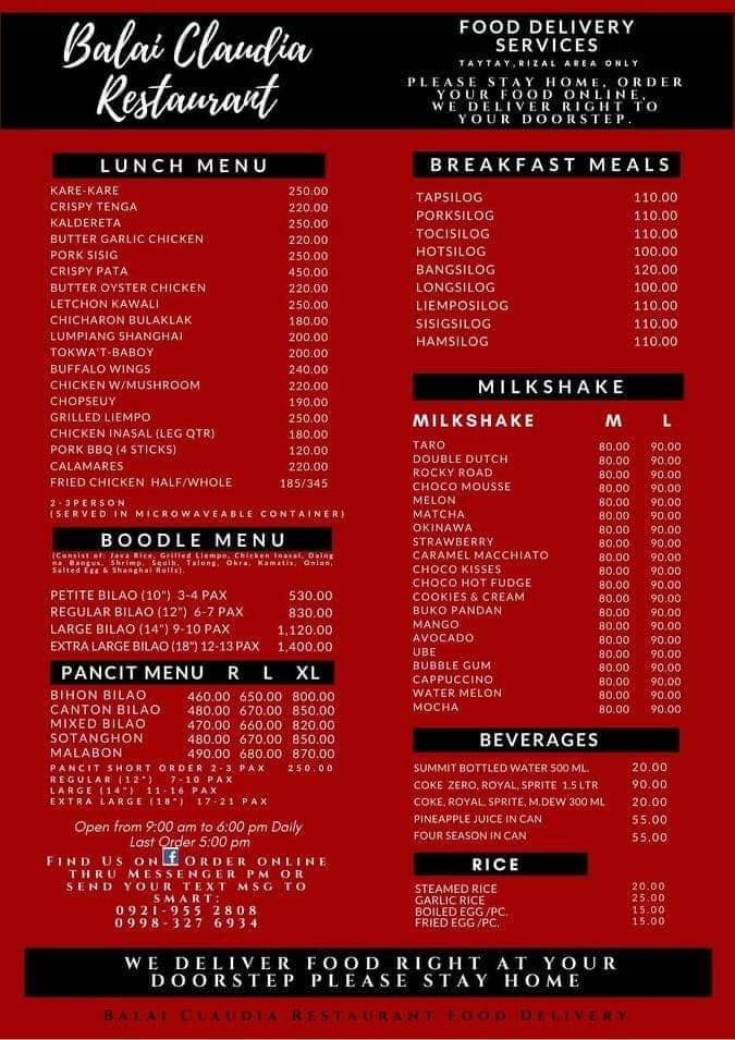 Carta de Balai Claudia Restaurant, Dine-In & Delivery - Taytay, Rizal ...