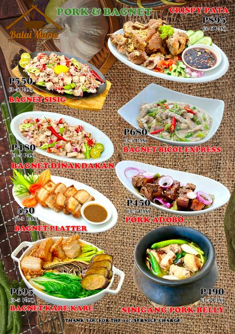 Menu at Balai Mario restaurant, Silang