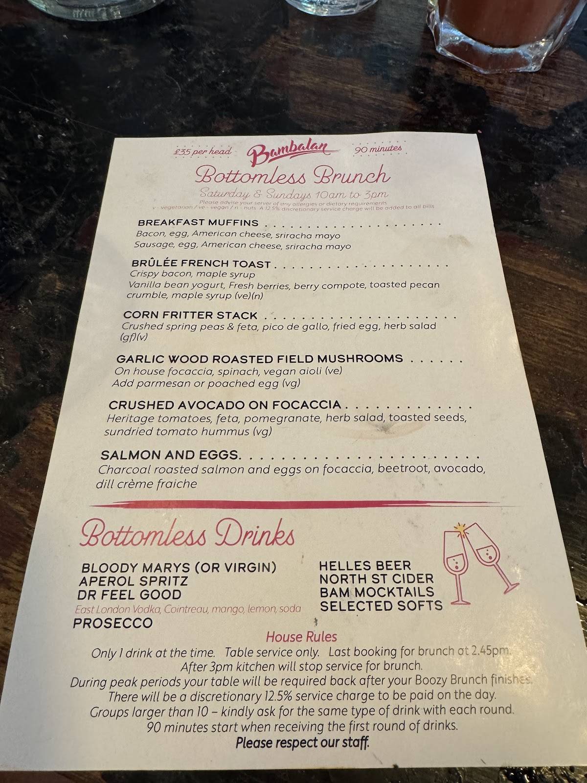 Menu at Bambalan restaurant, Bristol