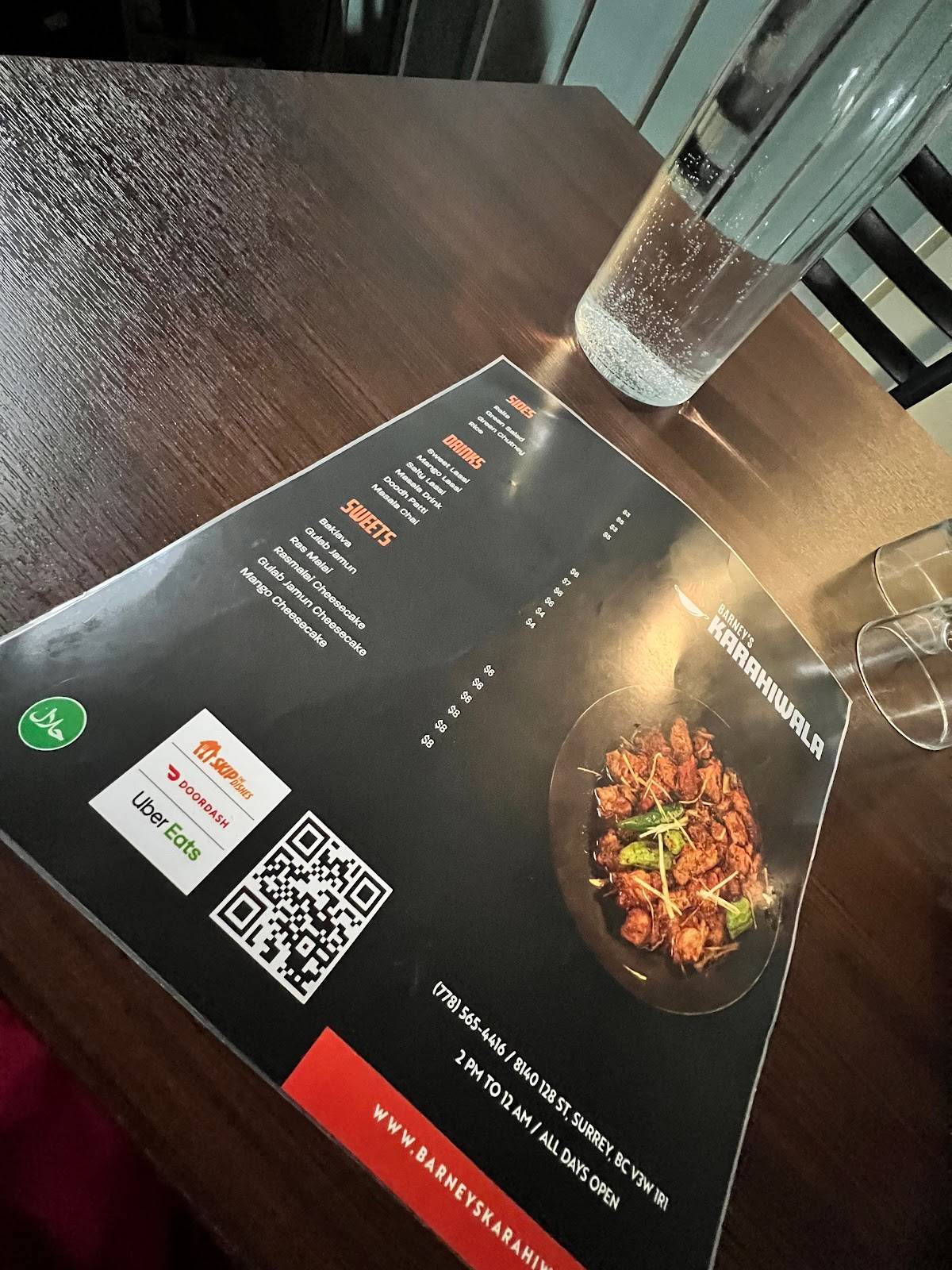 Menu at Barney's Karahiwala Restaurant, Surrey