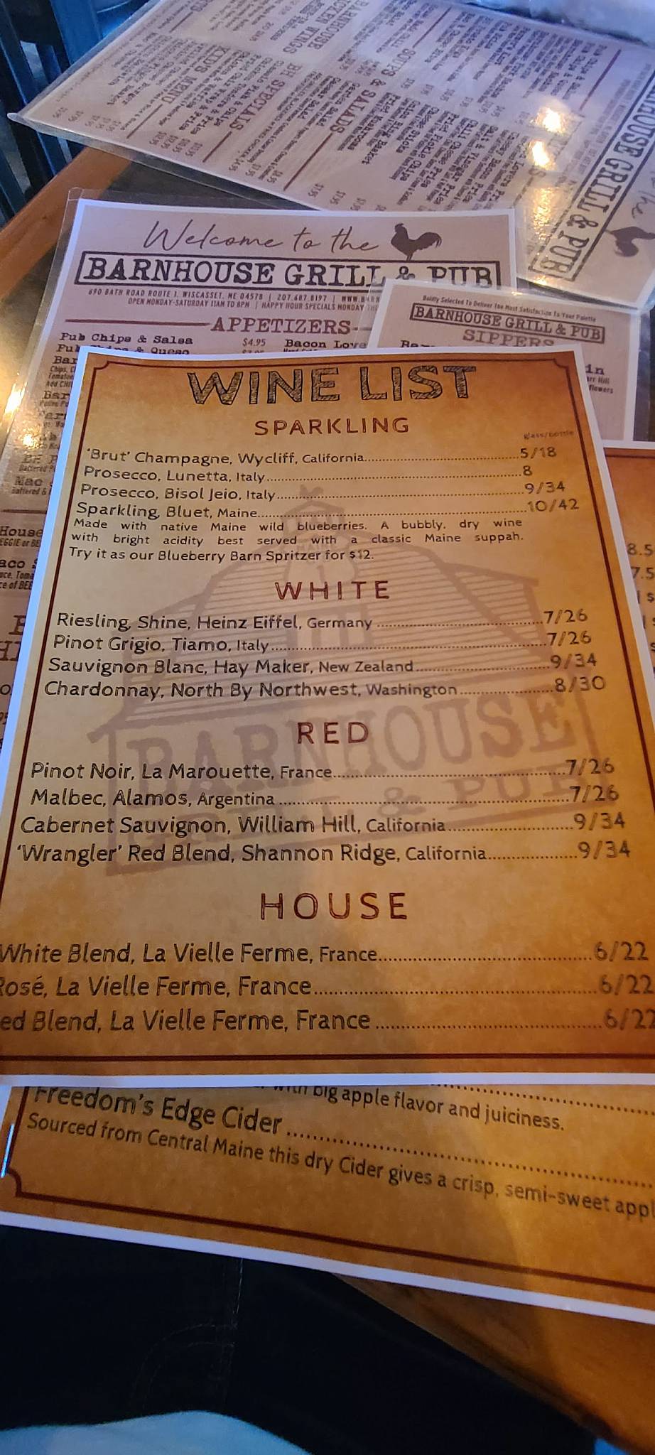 Menu at Barnhouse Grill & Pub Wiscasset, Wiscasset