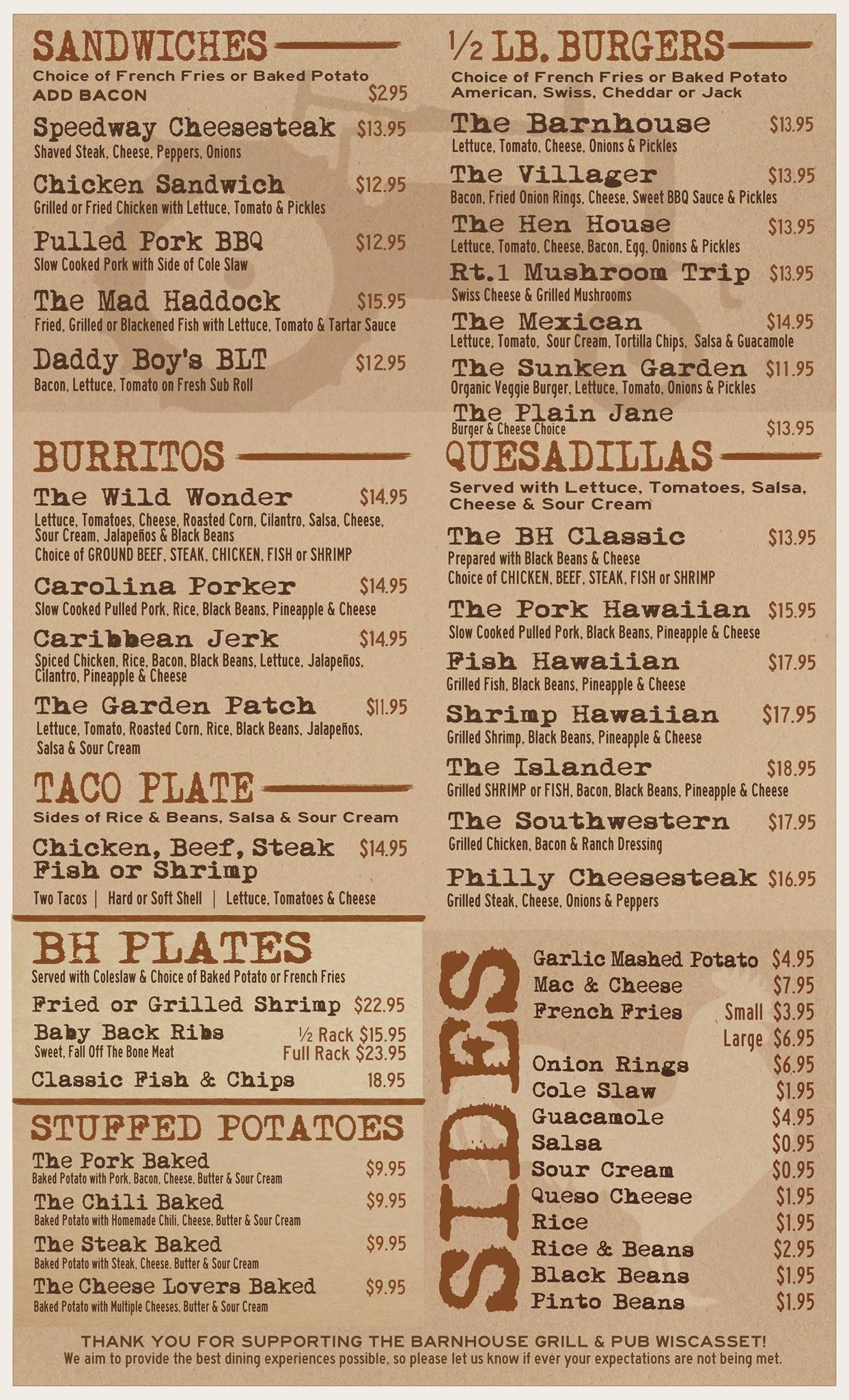 Menu at Barnhouse Grill & Pub Wiscasset, Wiscasset