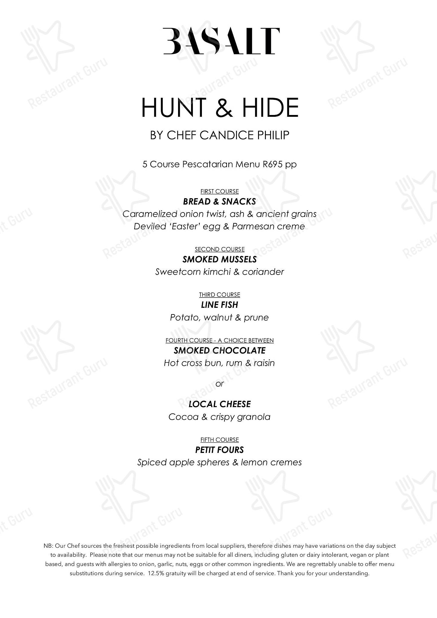 Menu at Basalt Restaurant, Johannesburg