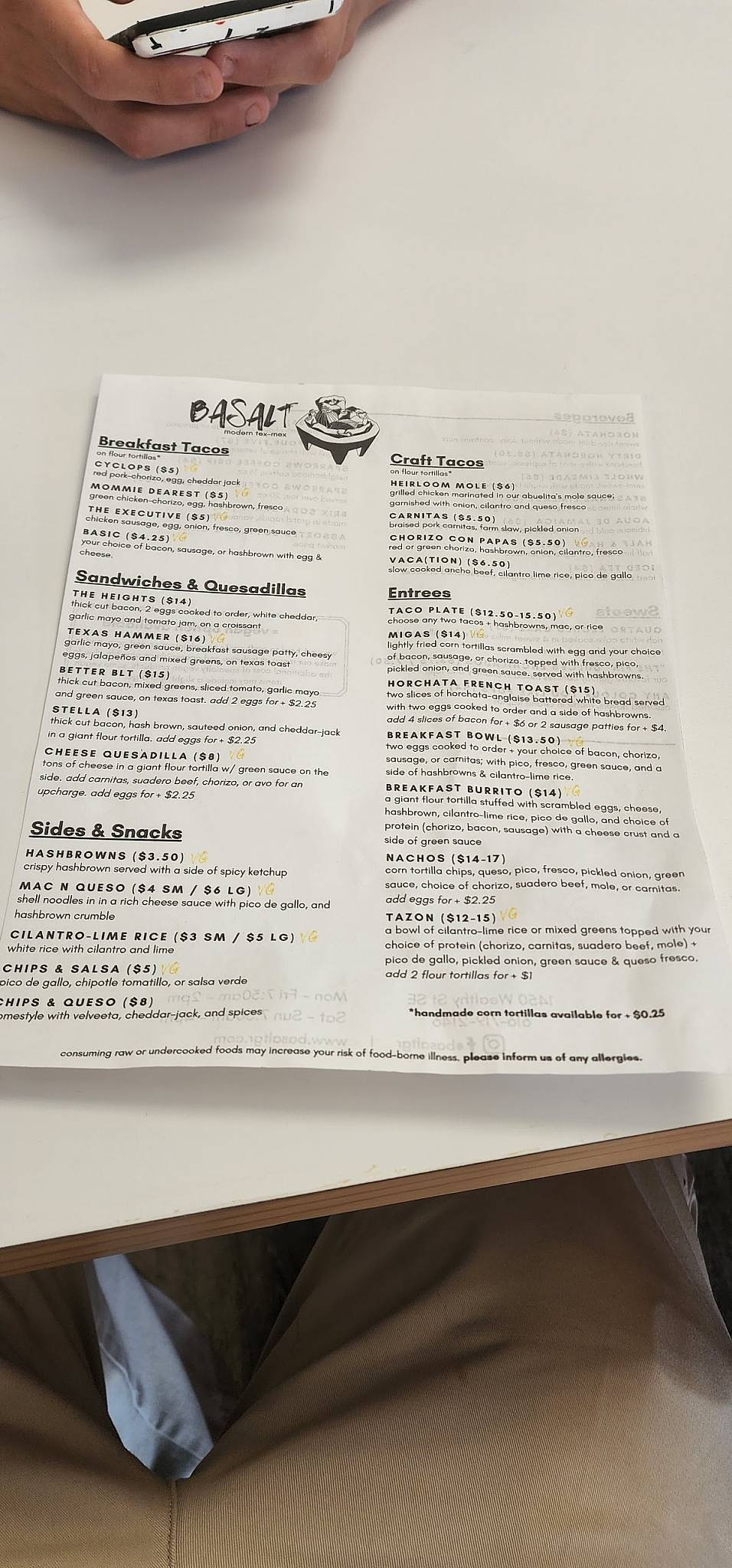 Menu at Basalt restaurant, Grand Rapids