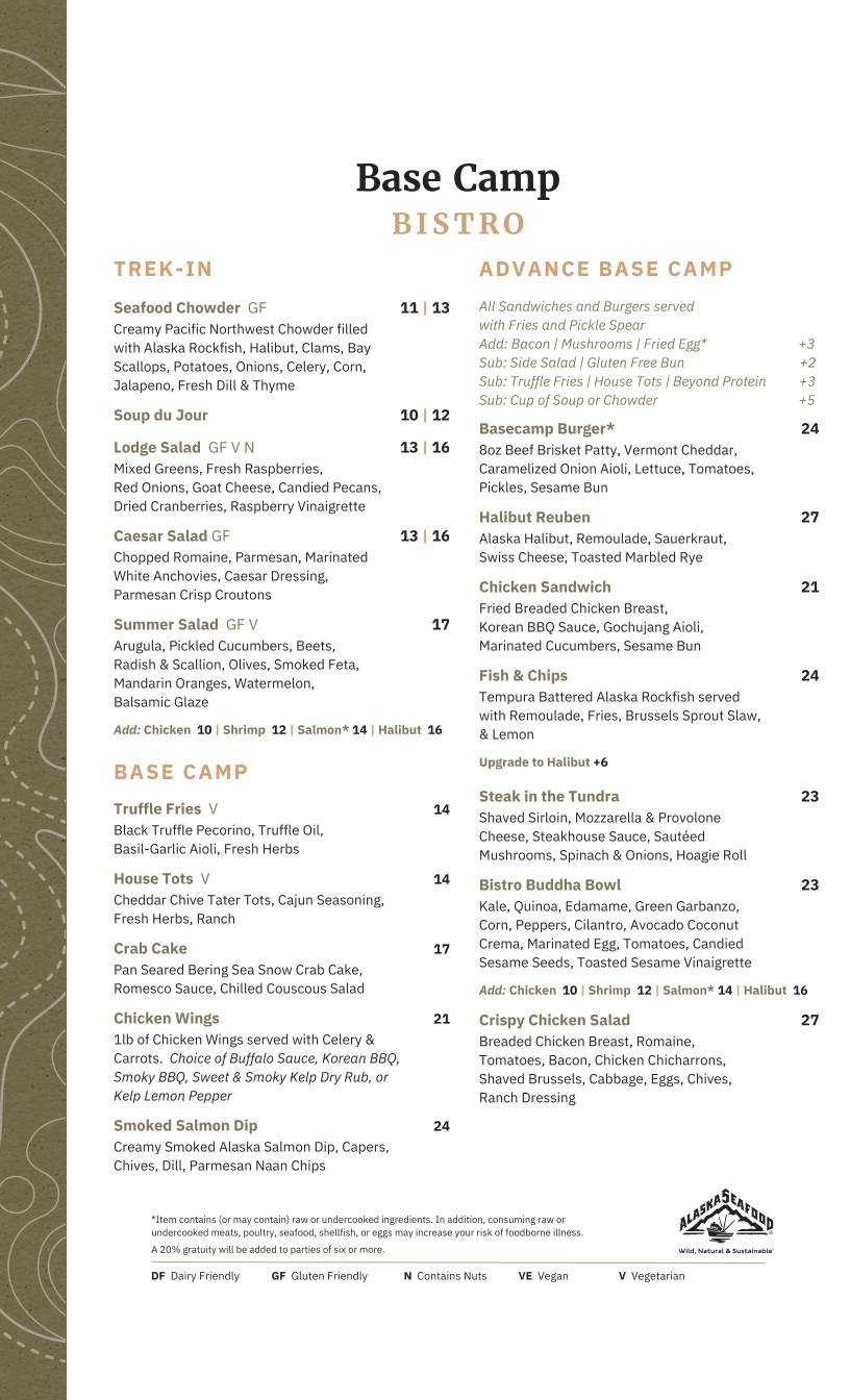 Menu at Base Camp Bistro restaurant, Talkeetna
