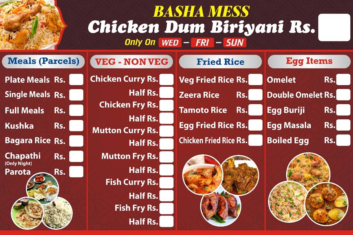 Menu at Basha Mess, Madanapalle