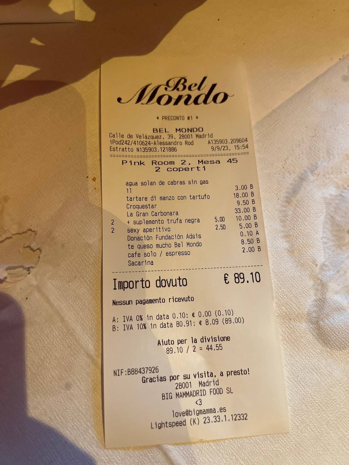 Carta de Restaurante Bel Mondo, Madrid