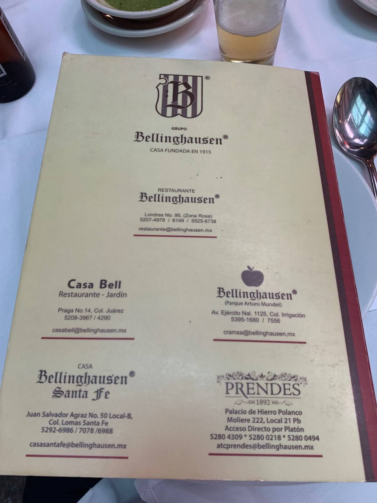 Carta del restaurante Bellinghausen, Ciudad del México, Londres 95