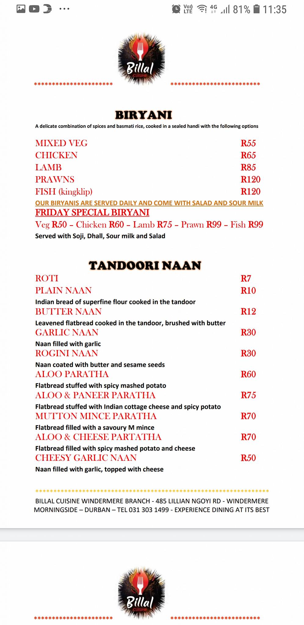 Menu at Billal Cuisine Windermere restaurant, Durban, 485 Lilian Ngoyi Rd