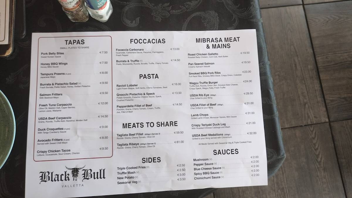 Menu at Black Bull restaurant, Valletta