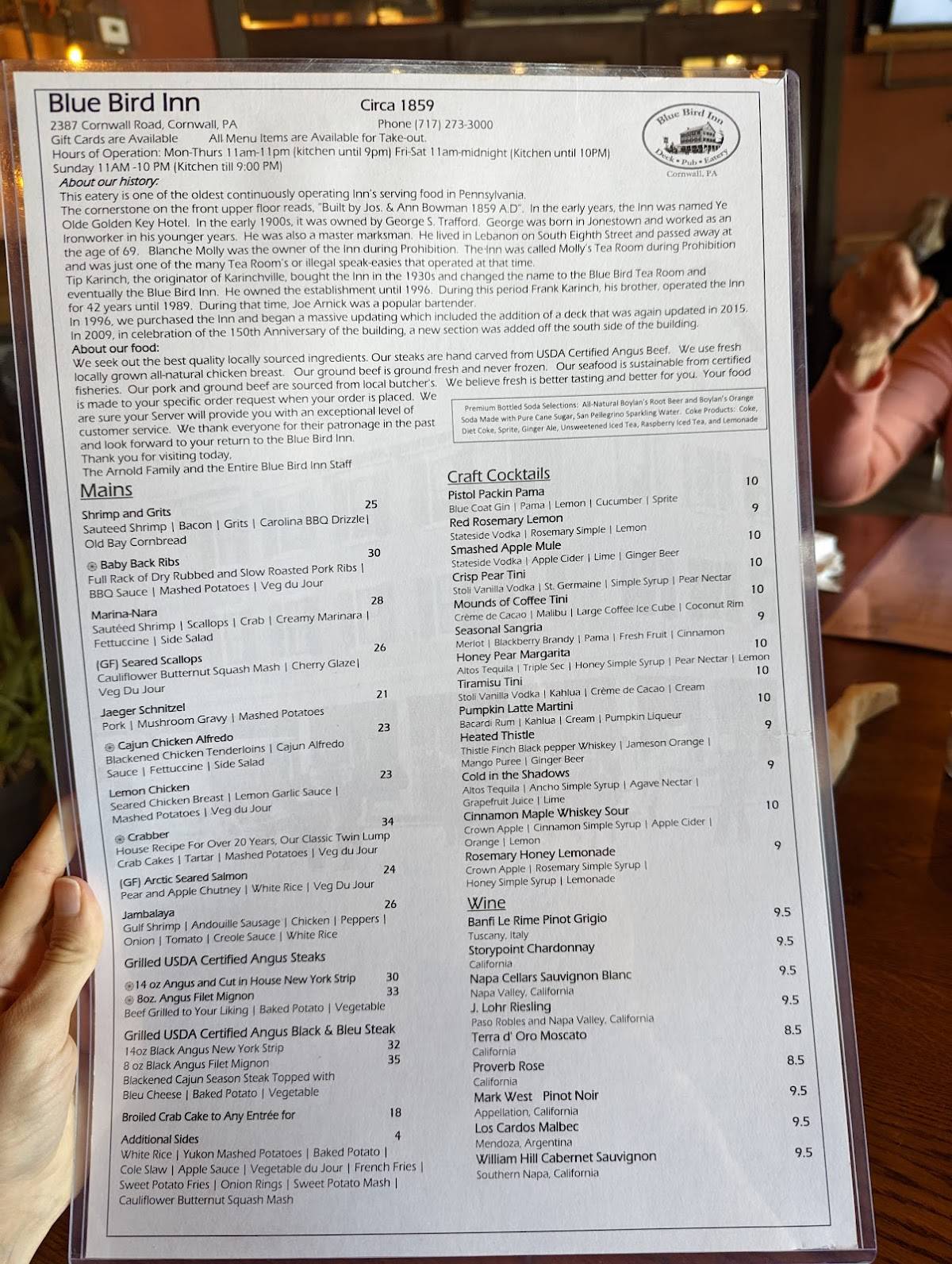 Menu at Blue Bird Inn restaurant, Lebanon