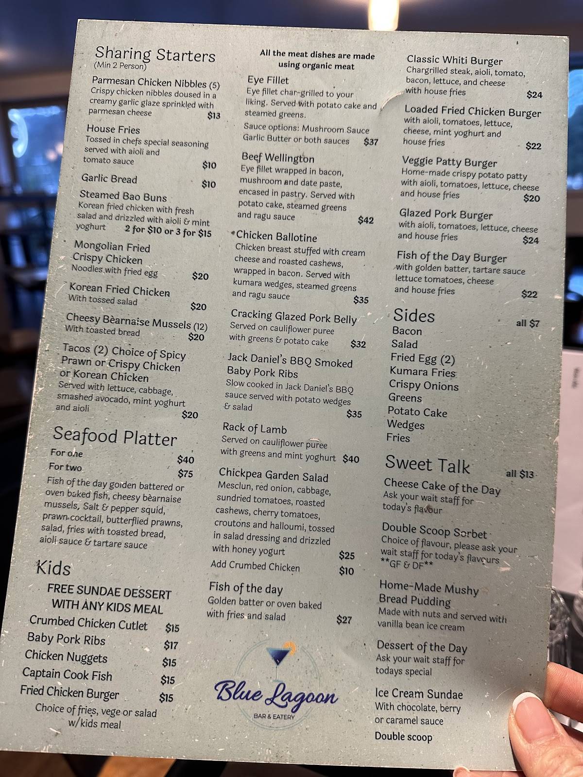 Menu at Blue Lagoon Bar and Eatery, Whitianga