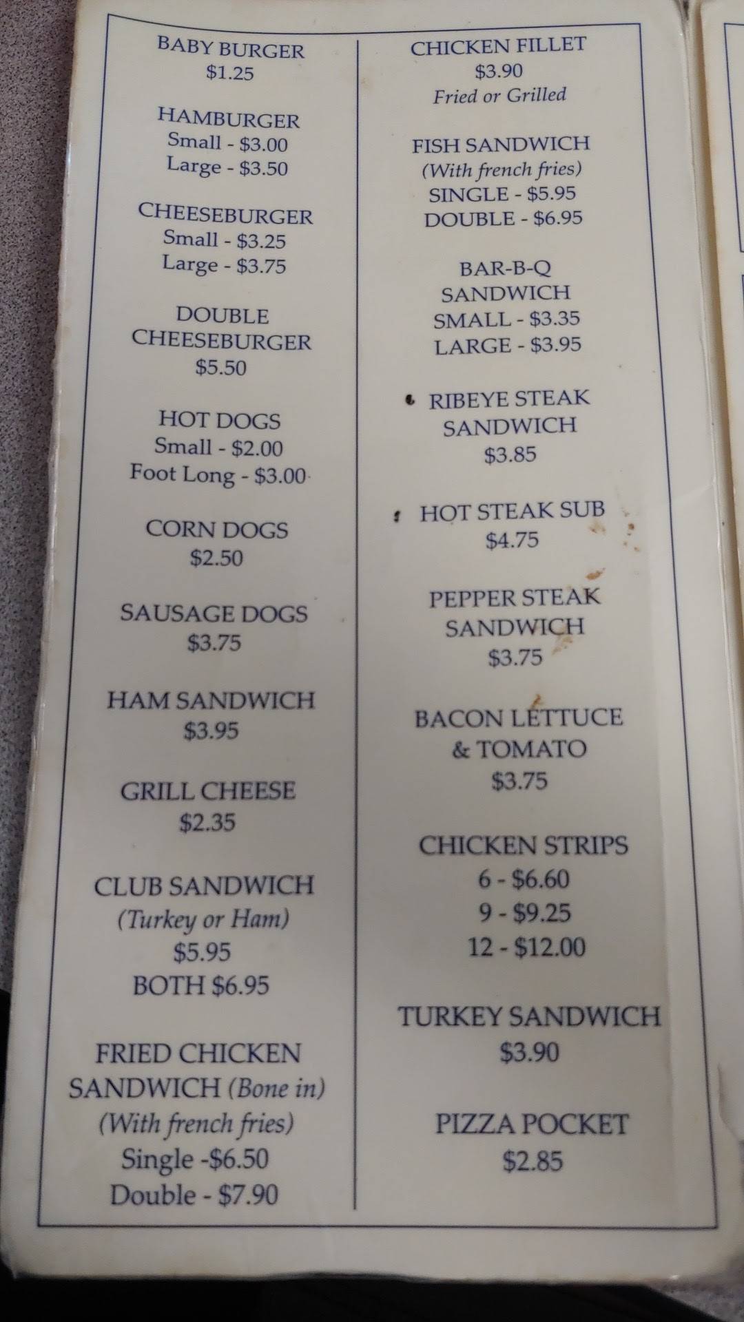 Menu at Blue Top Grill restaurant, Graniteville