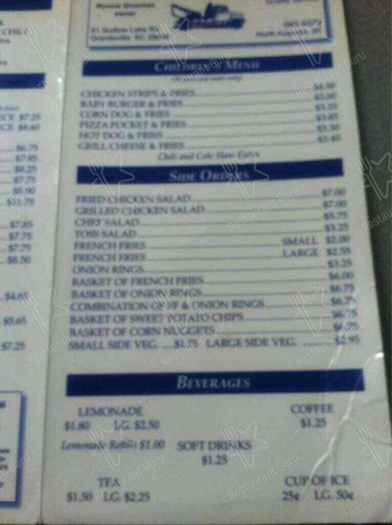 Menu at Blue Top Grill restaurant, Graniteville