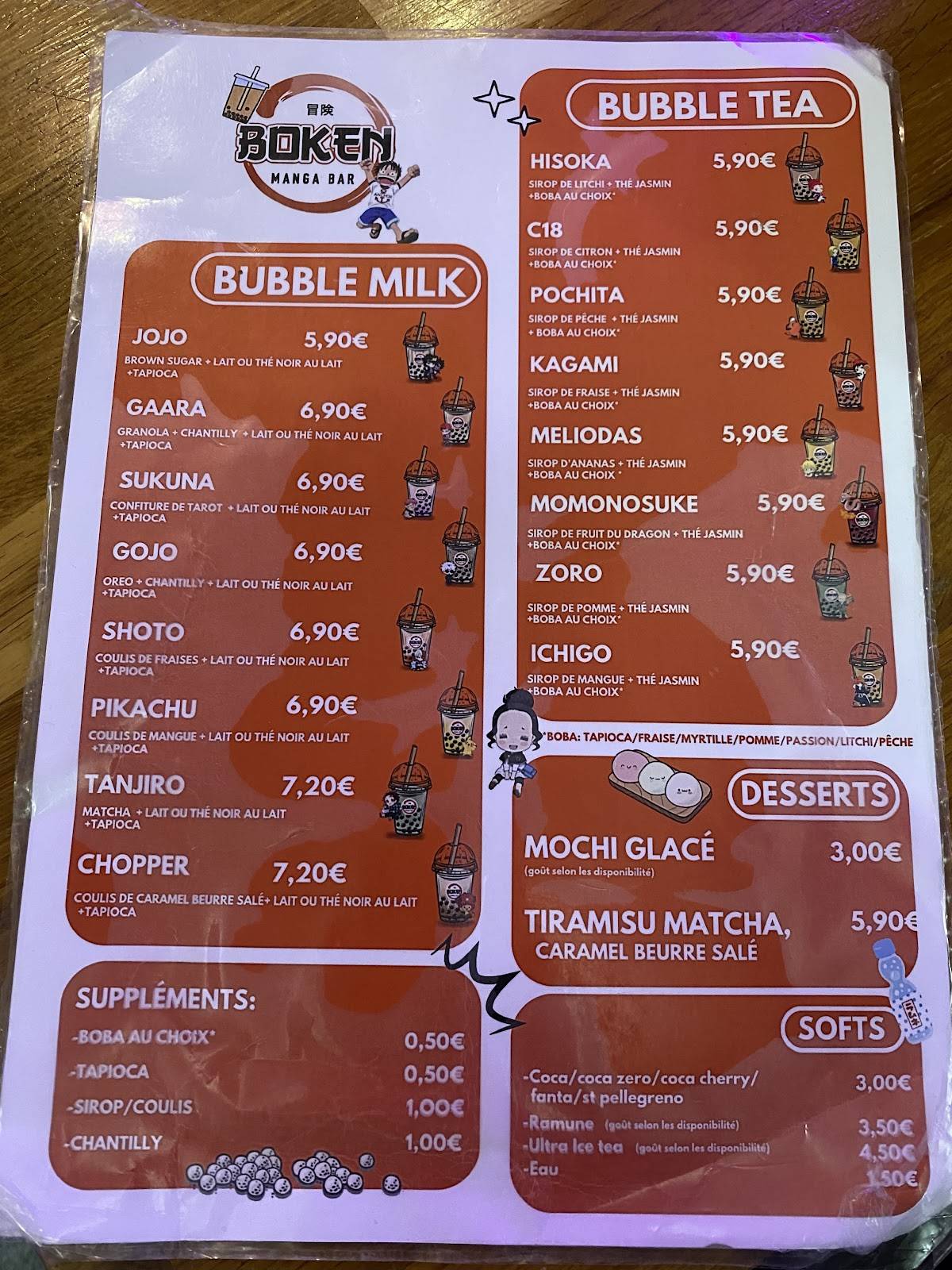 Menu au Boken - Manga Bar - Bubble Tea et autres, Paris
