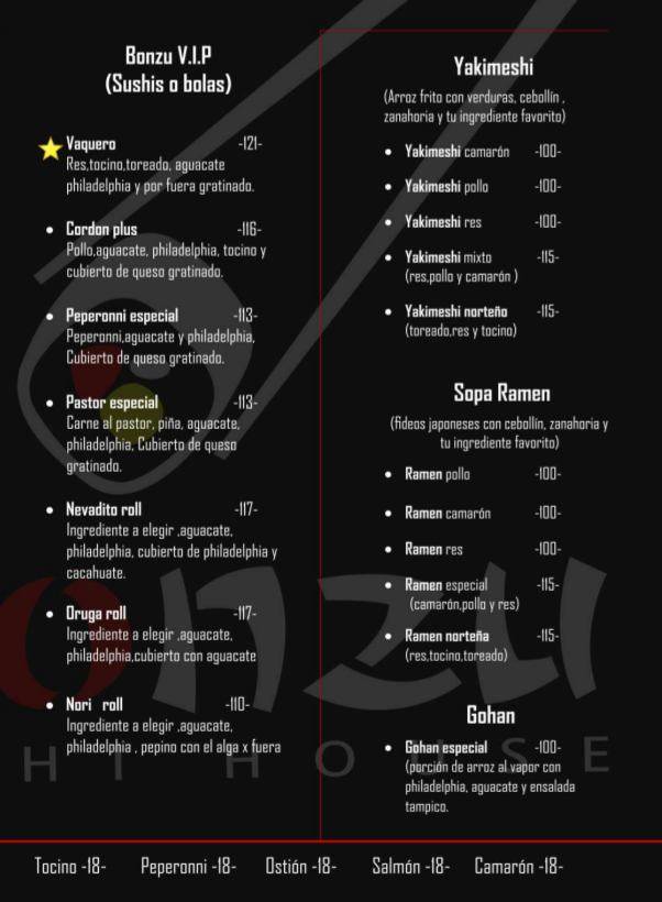 Carta del restaurante Bonzu Sushi House, Chihuahua, Perif. del la ...