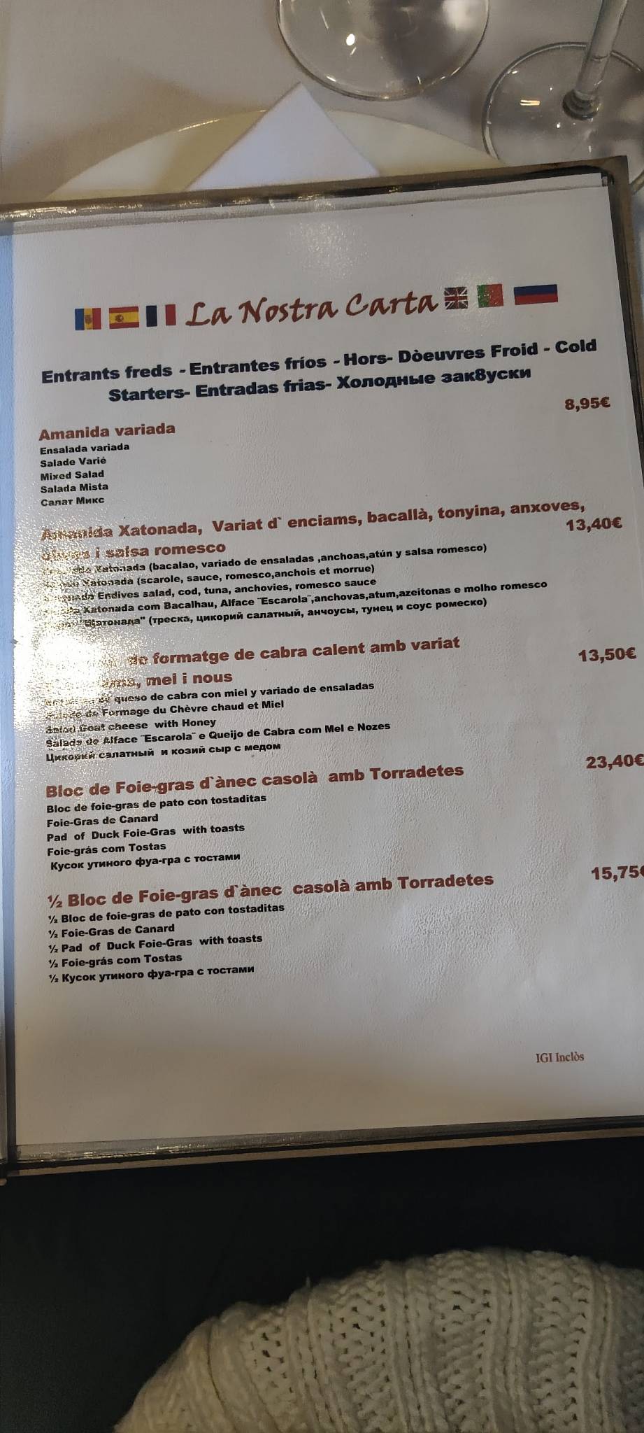 Carta de Restaurant Borda Eulari Anyos, Anyós