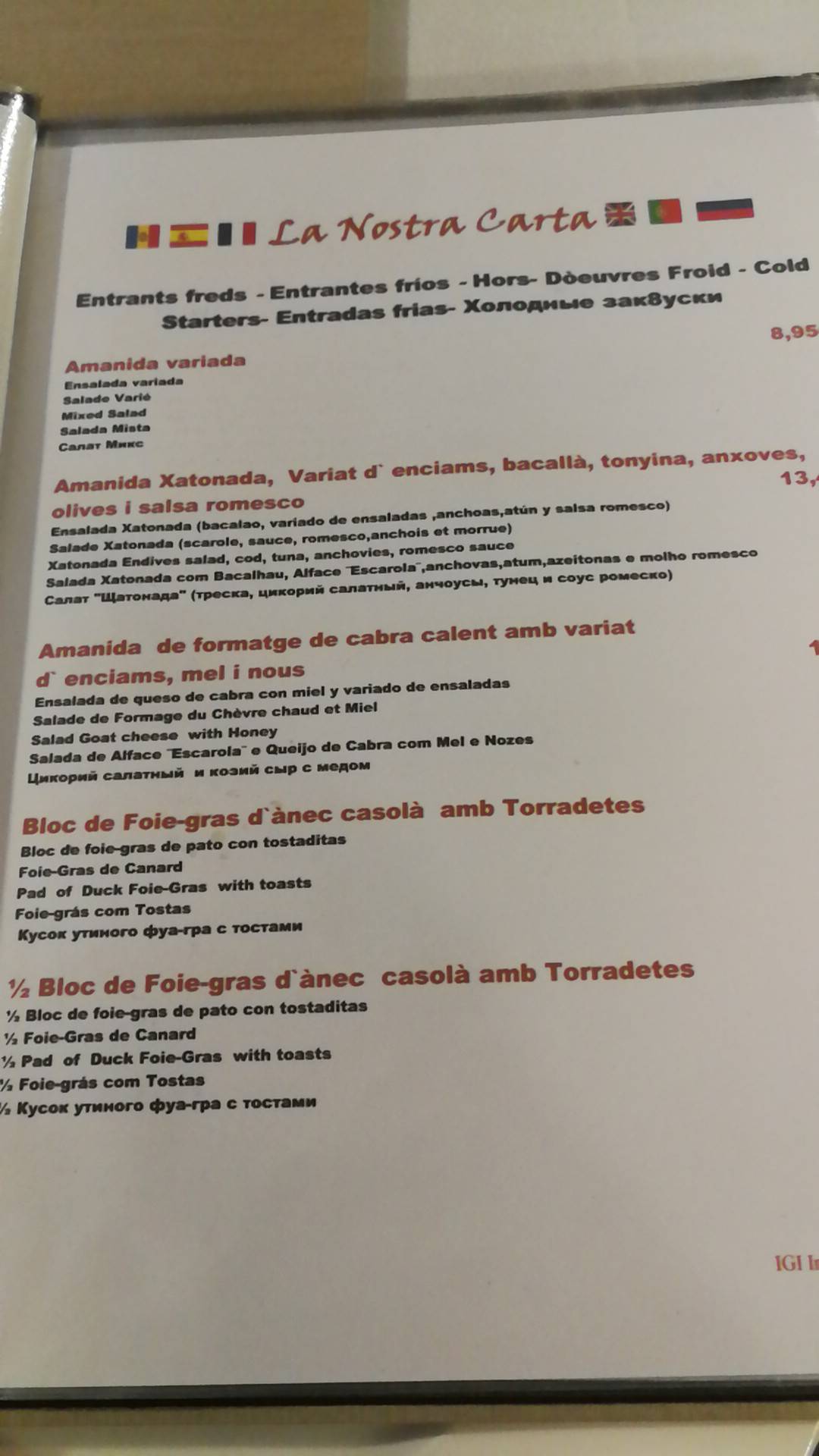 Carta de Restaurant Borda Eulari Anyos, Anyós
