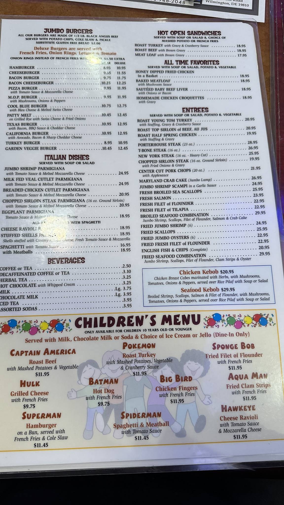 Menu at Brandywine Diner restaurant, Wilmington