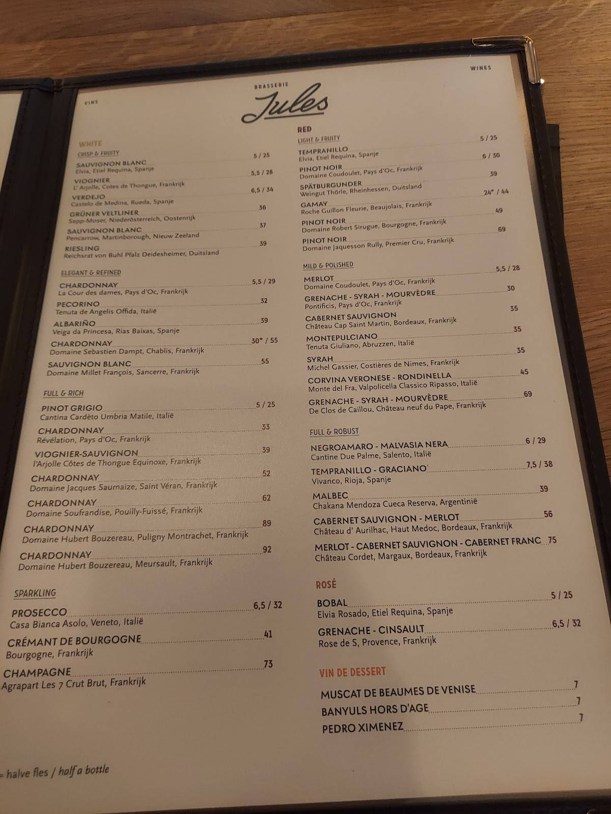 Menu at Brasserie Jules, Rotterdam