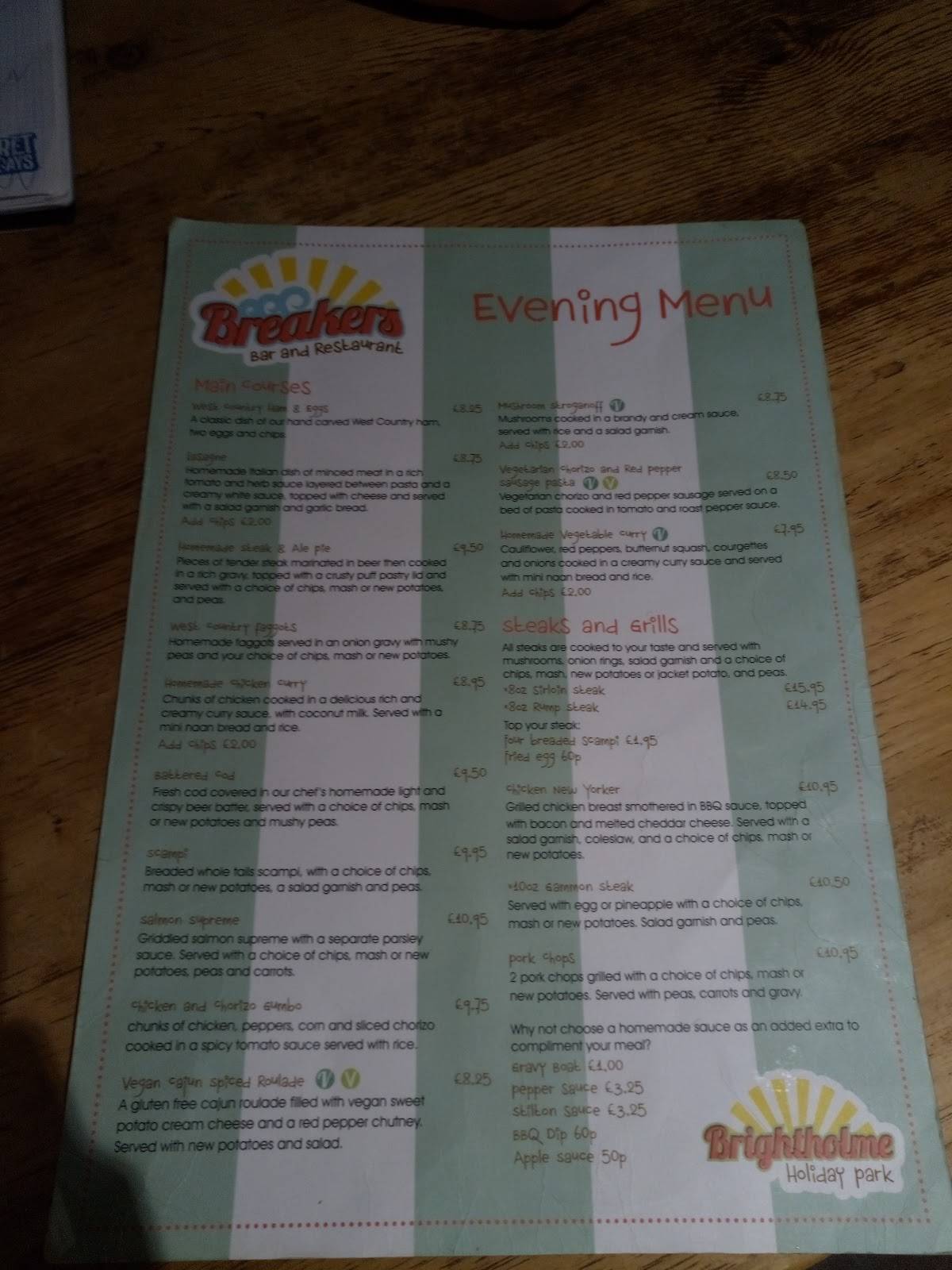 Menu at Breakers Bar and Restaurant, Burnham-on-Sea