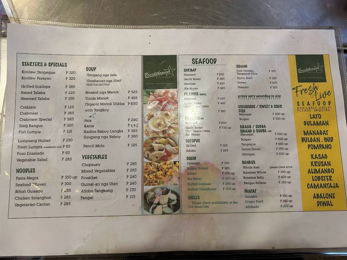 Menu at Breakthrough Restaurant, Iloilo City, MGH8+WWQ