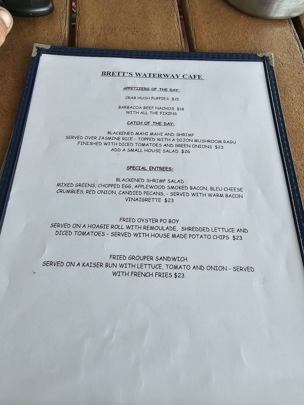 Menu at Brett's Waterway Cafe, Fernandina Beach