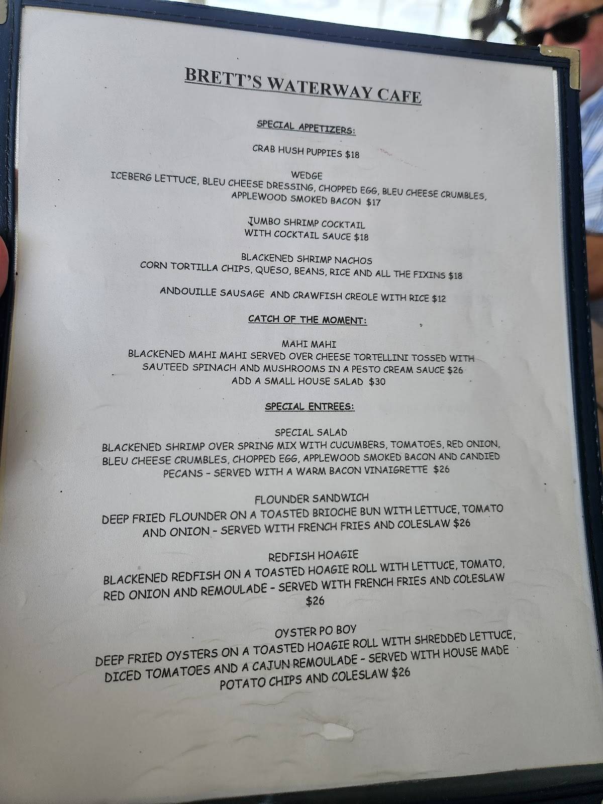 Menu at Brett's Waterway Cafe, Fernandina Beach