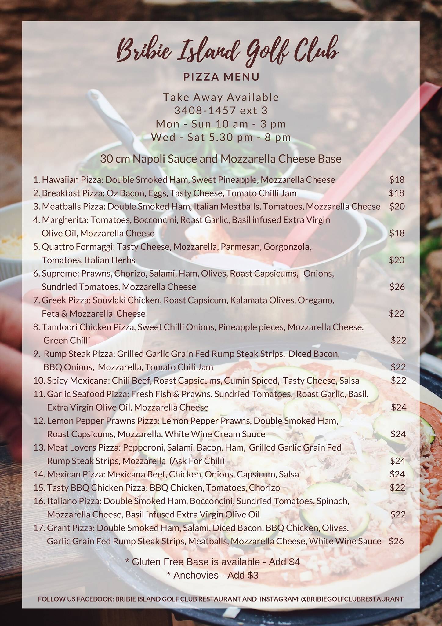 Menu at Bribie lsland Golf Club, Woorim