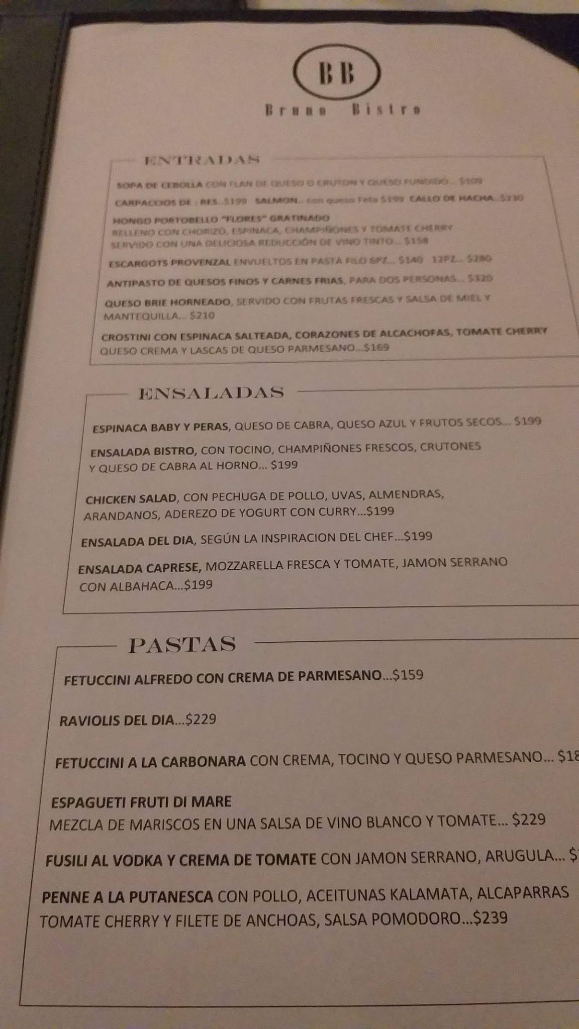 Menu at Bruno restaurant, Merida