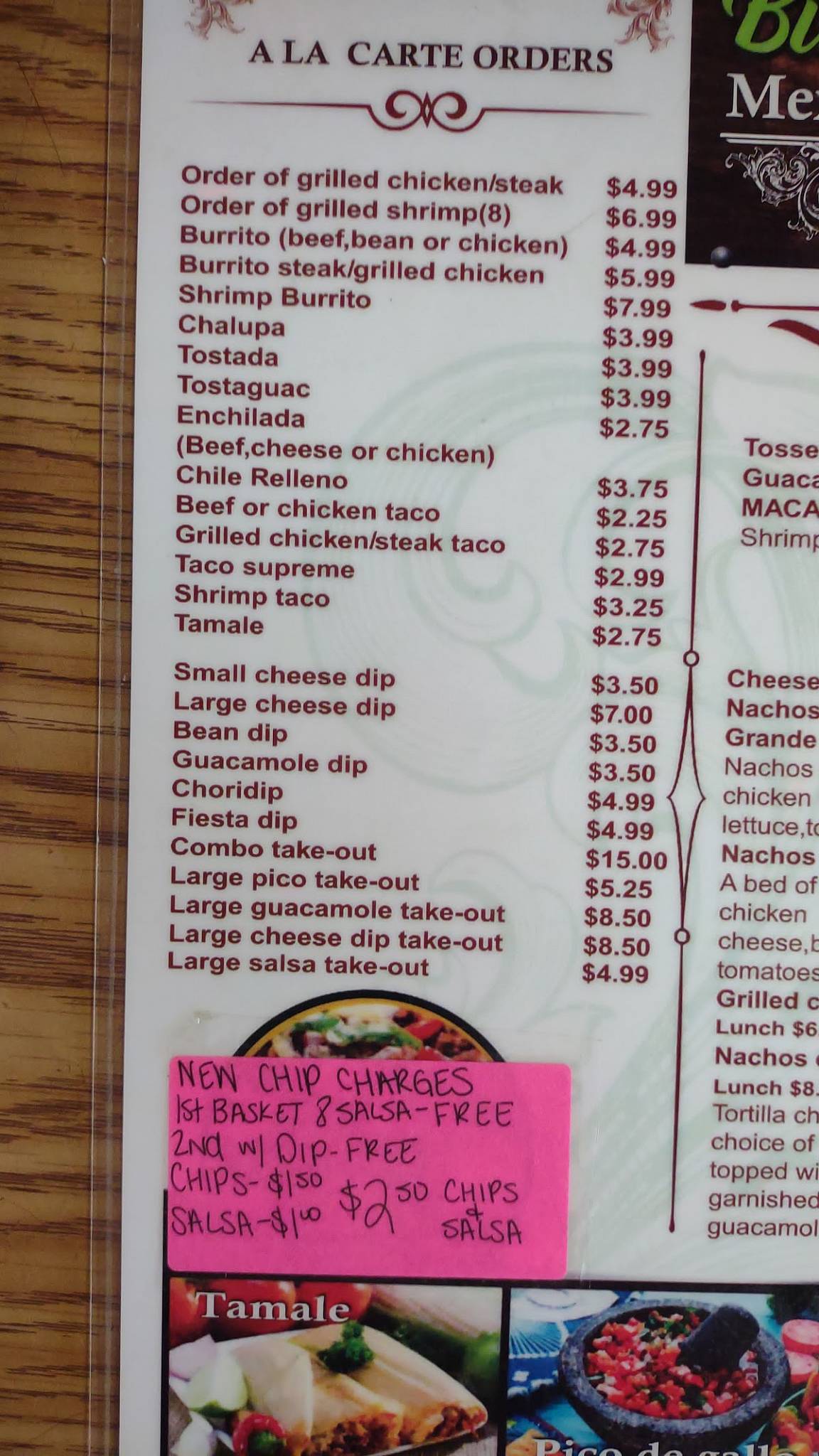 Menu at Buena Vista restaurant, Double Springs