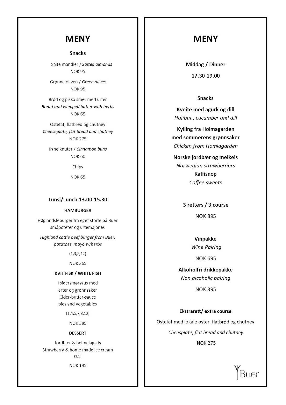 Menu at Buer Restaurant, Norway
