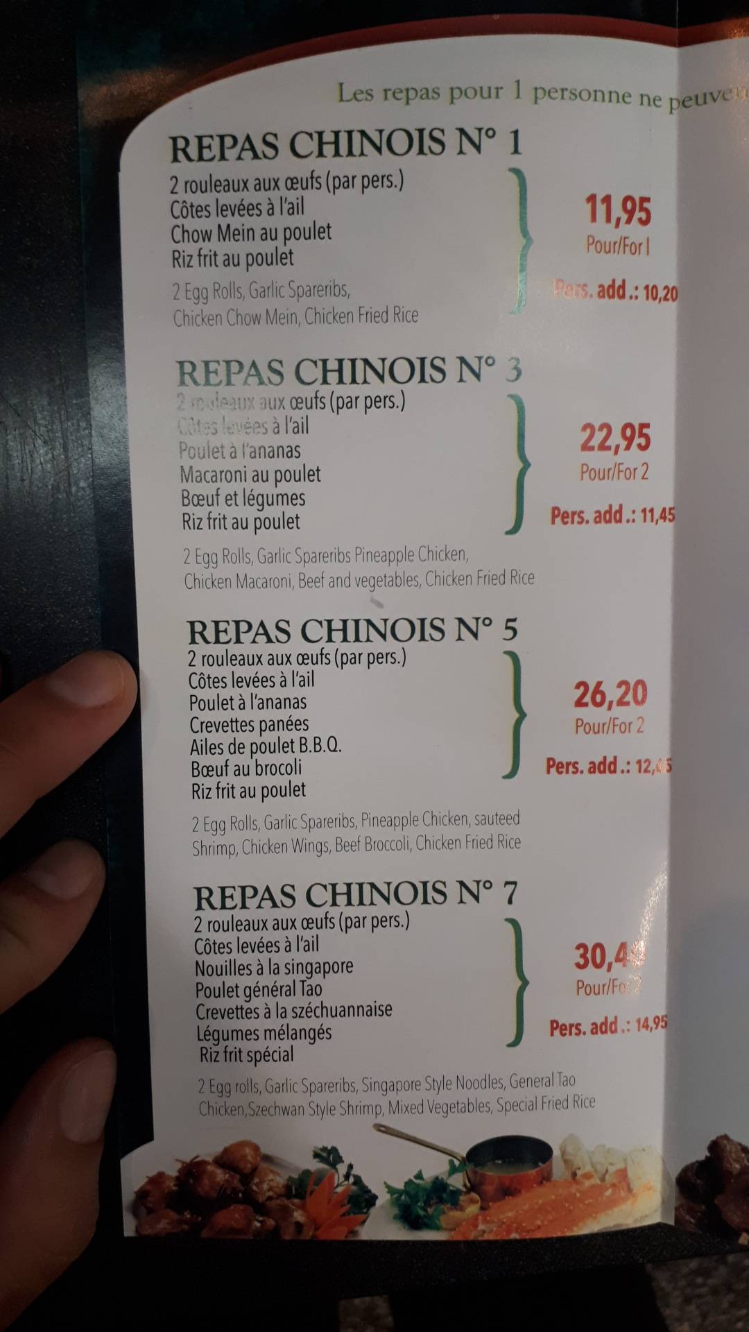 Menu au Restaurant Buffet Maison Chan, Mont-Saint-Hilaire