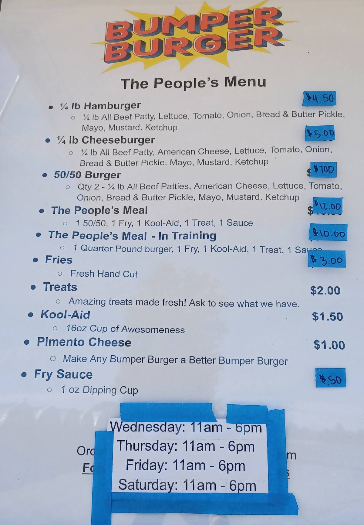 Menu at Bumper Burger restaurant, Beaverton